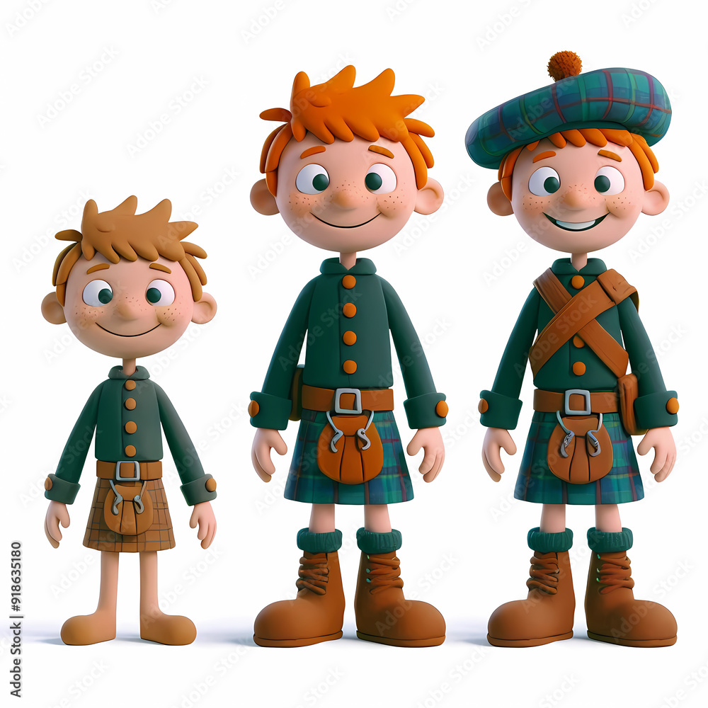 Scottish Boys Characters in Traditional Kilts and Sporrans 3D Digital ...