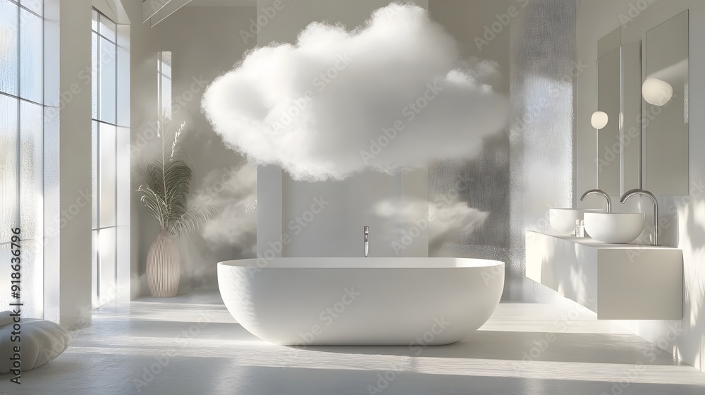 Modern bathroom with floating cloud installation above a freestanding ...