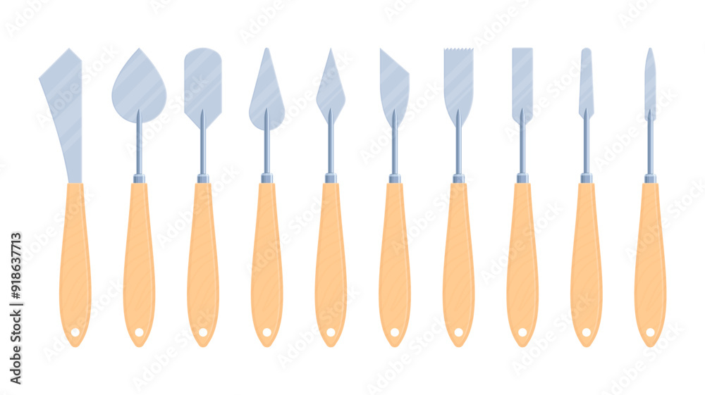 Set of spatulas and art palette knives with wooden handles. Flat vector ...