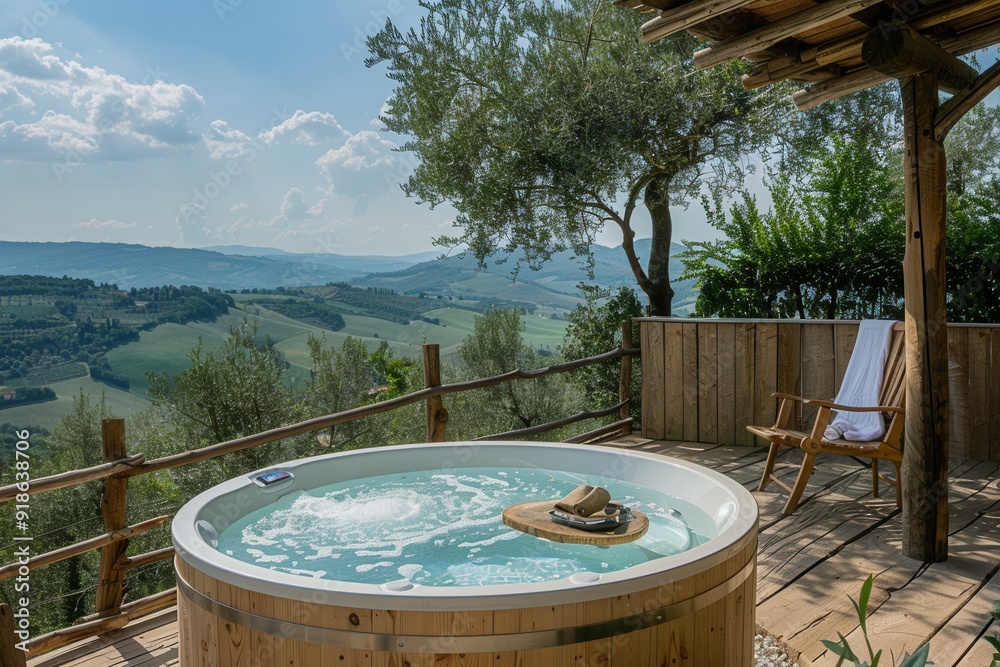 Luxurious spa scene featuring a jacuzzi set in a tranquil outdoor ...