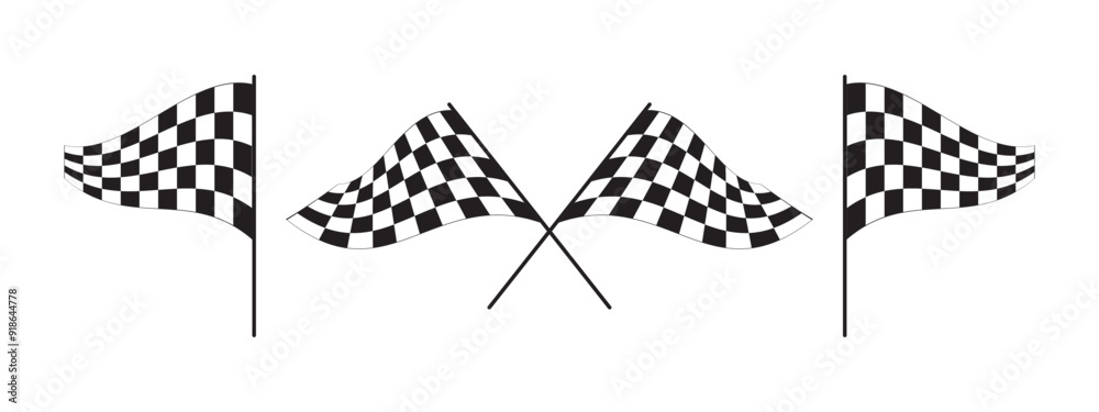 One single and two crossed waving race flags with checkered black and ...