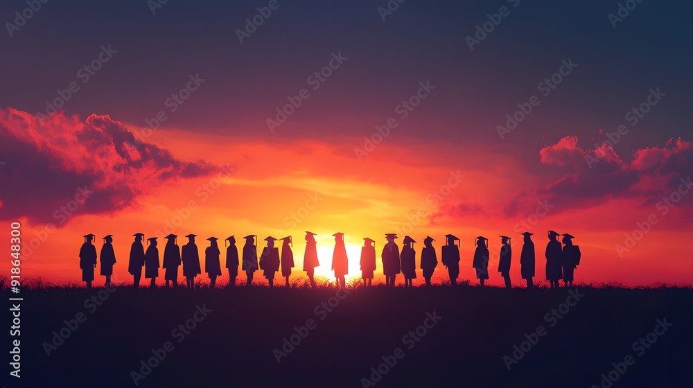 Silhouettes of students with graduate caps in a row on panoramic sunset ...