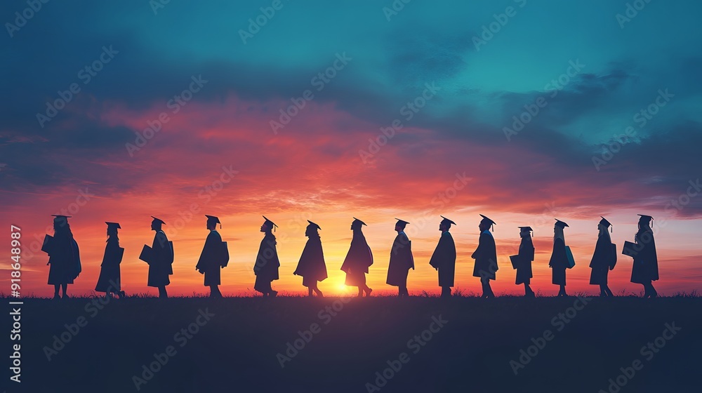 Silhouettes of students with graduate caps in a row on panoramic sunset ...