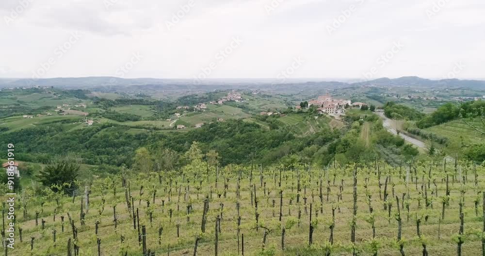 Aerial drone view pan of the Collio hills, Cormons, Nova Gorica near ...