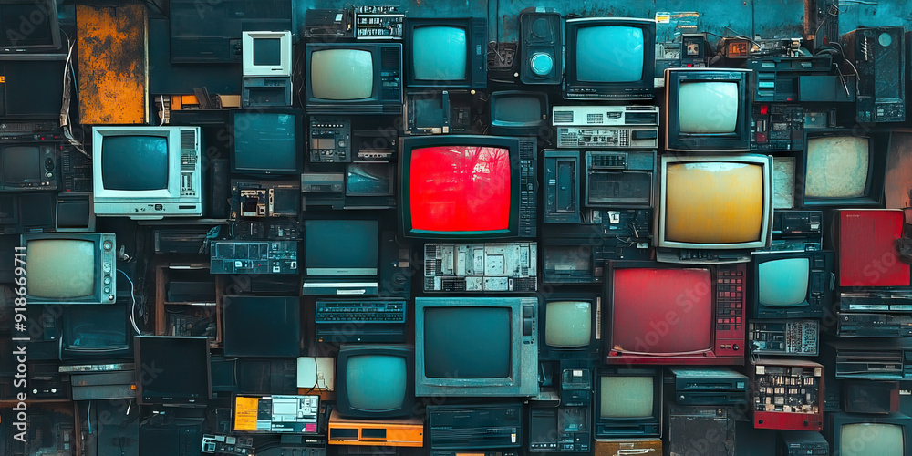 E-Waste Explosion: A wall of old electronics, including outdated ...