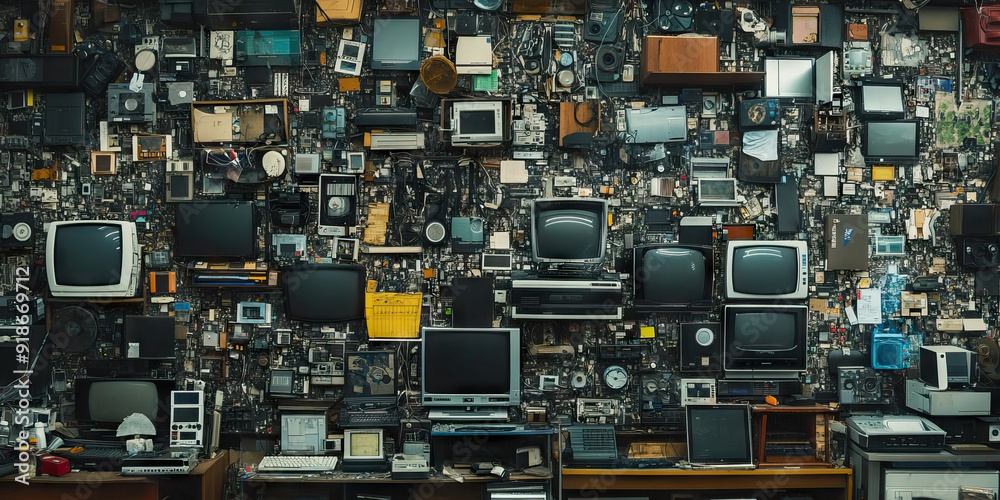E-Waste Explosion: A wall of old electronics, including outdated ...
