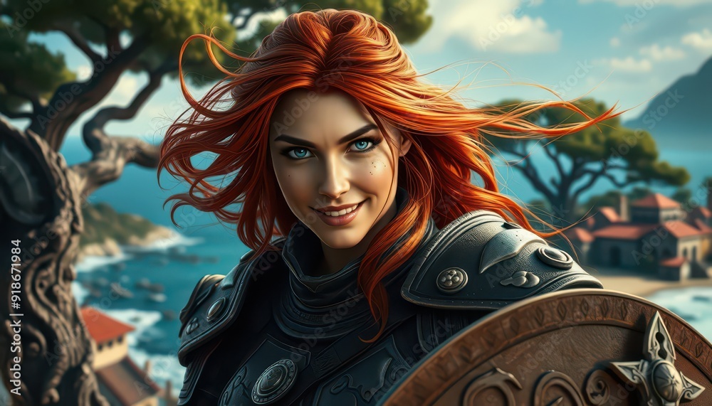 Brave Woman Warrior with Red Hair and Blue Eyes. Stock Illustration ...