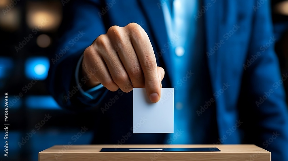 Casting a Vote: A hand in a blue suit casts a ballot into a wooden ...