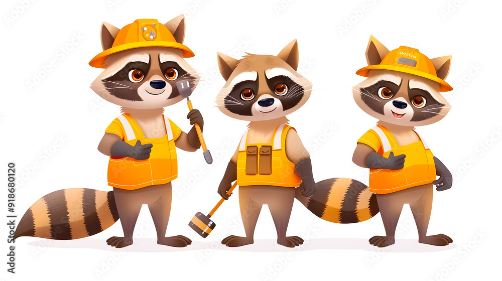 Cute cartoon of three raccoon characters dressed in orange work ...