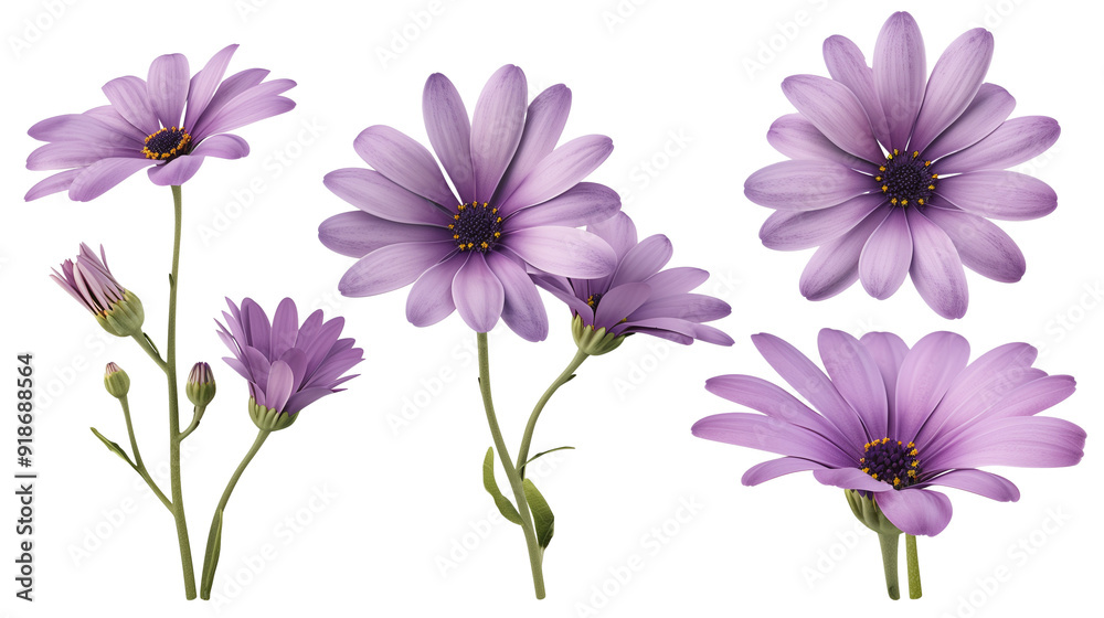 African Daisy flowers, multiple angles view side top front group whole ...