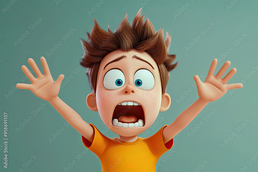 Terrified, shocked, and scared cartoon character of a boy with raised ...