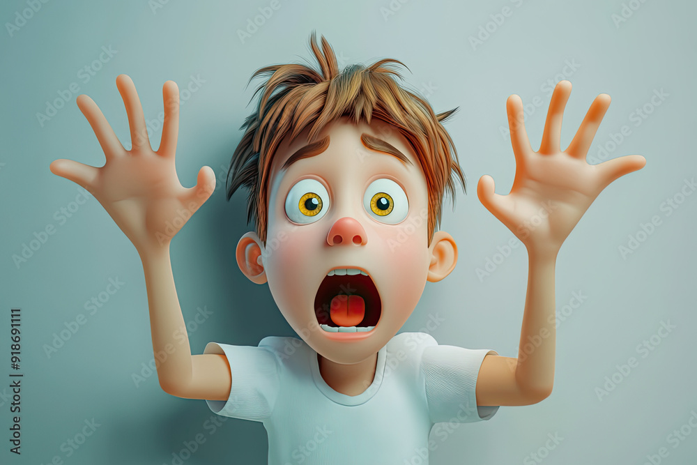 Terrified, shocked, and scared cartoon character of a boy with raised ...