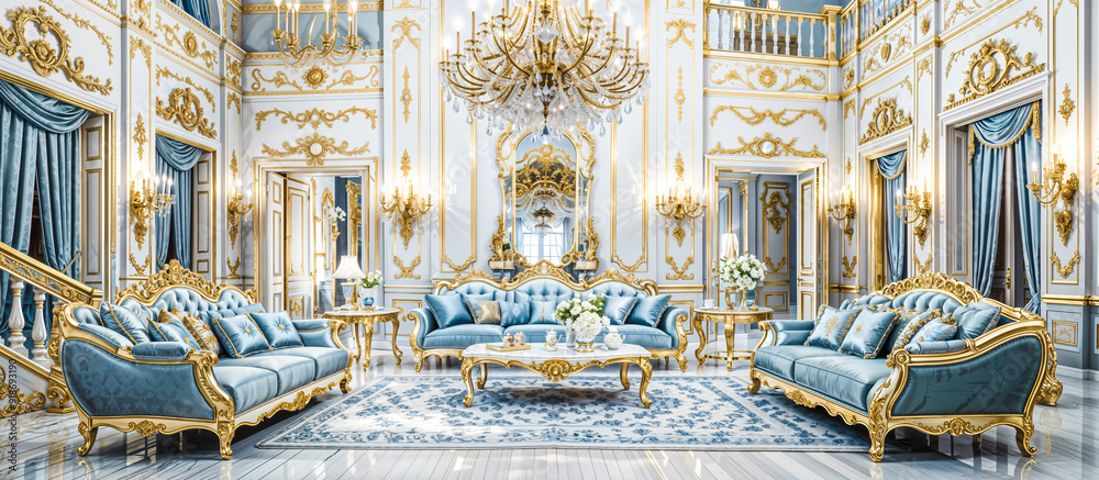 Classic Rococo Style Drawing Room with Blue and Gold Color Scheme and ...
