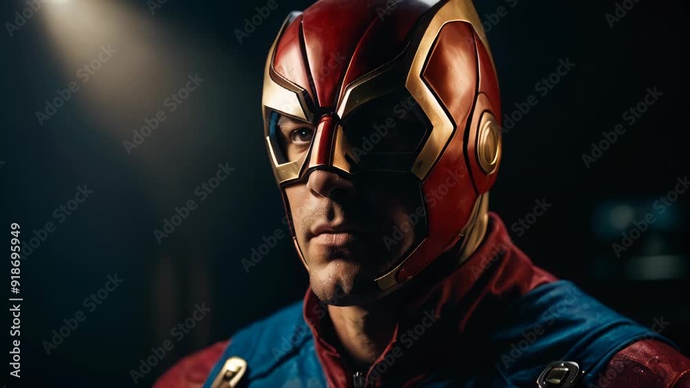 A close up portrait of a masked superhero. The superhero's red mask ...