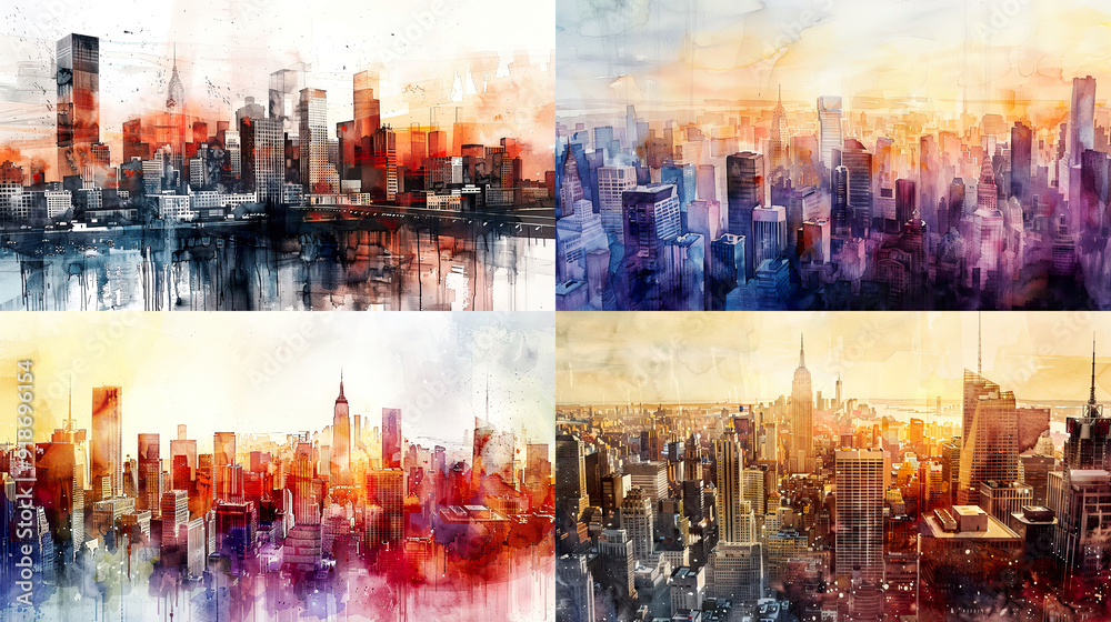 Dynamic perspectives of city skylines in watercolor, with layered ...