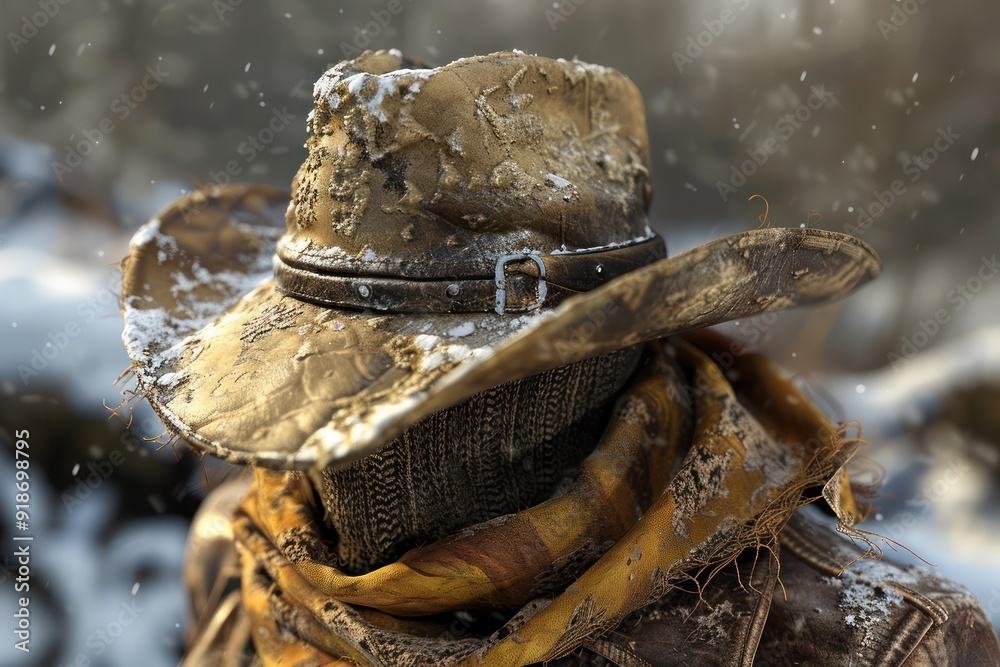 Worn Cowboy Hat and Scarf in the Snow, Rugged, Authentic Rancher Style ...