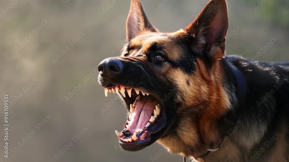 Aggressive dog get angry and bares his teeth. Dog shows dangerous teeth ...