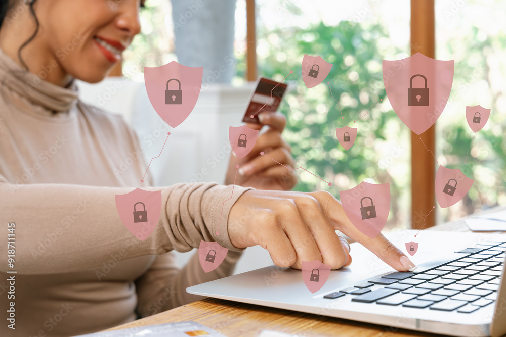 Elegant customer wearing brown sweater controlling laptop screen ...