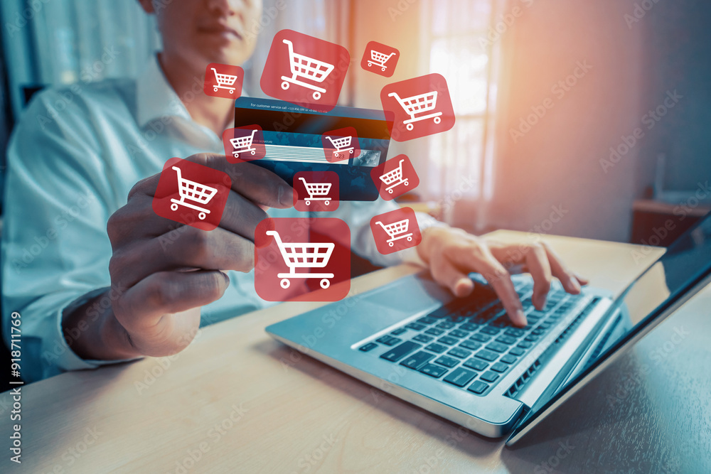 Elegant customer hold credit card with hologram interface choose online ...