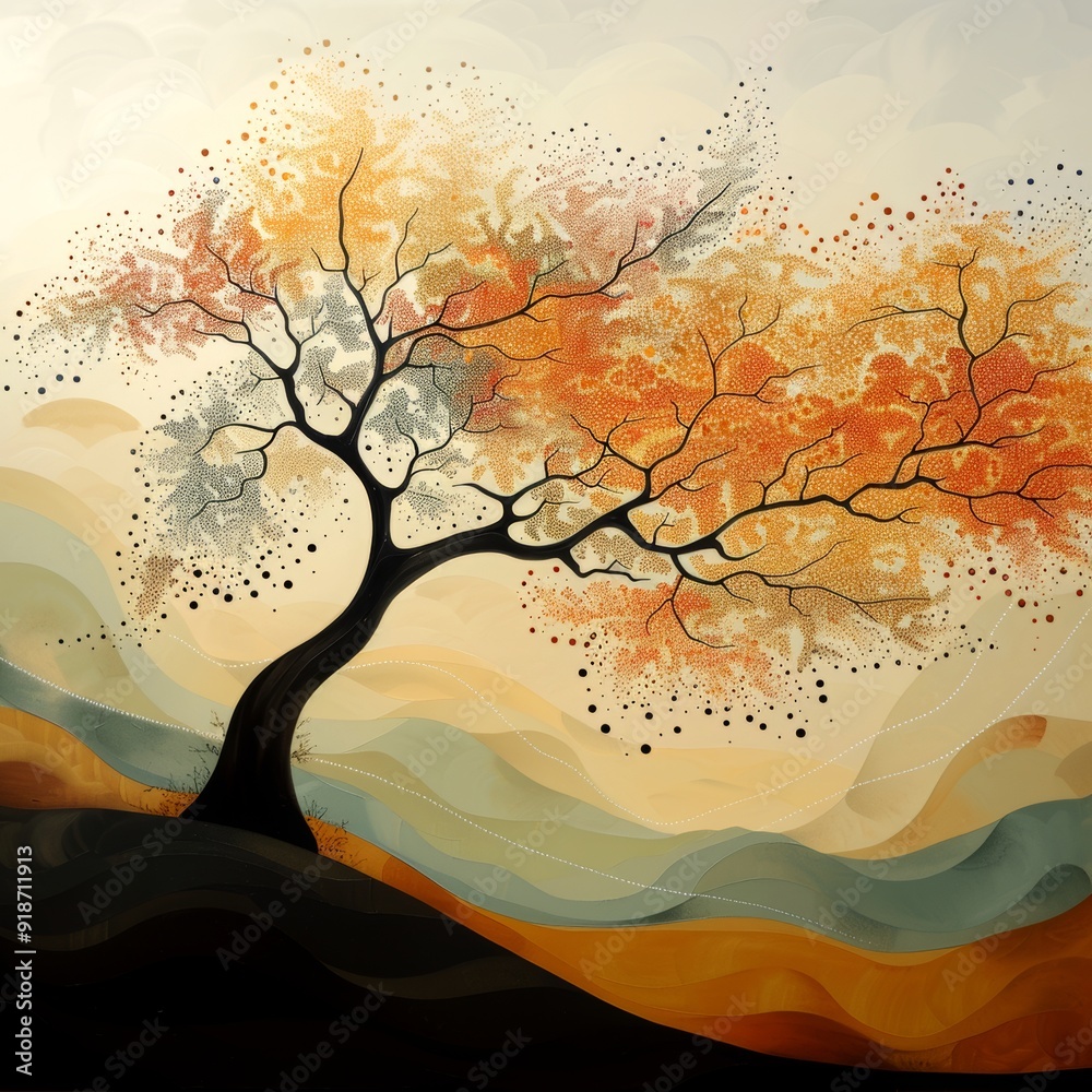 Abstract dot and line illustration of a gnarly old tree in autumn ...