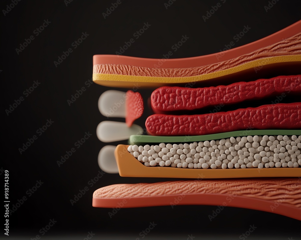 Detailed view of the subcutaneous layer with fat cells and connective ...