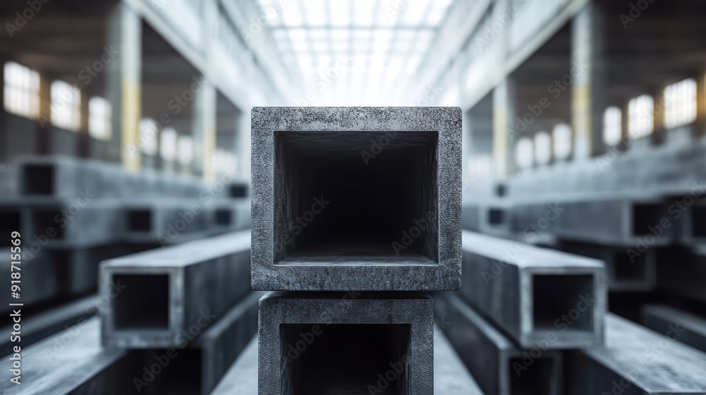 An image of stacked steel beams in black and grey colors, with a white ...