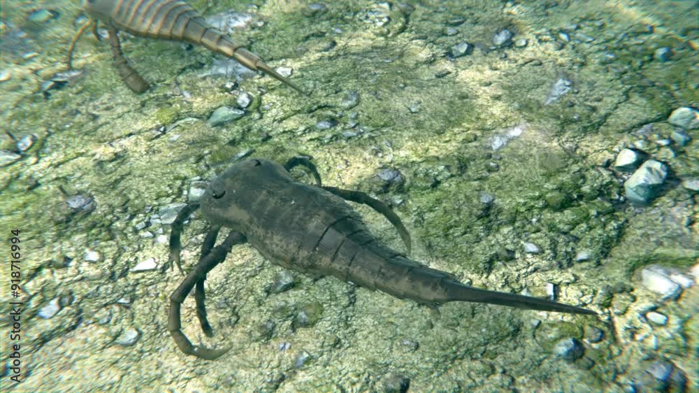An animation of prehistoric Eurypterid Kokomopterus (Sea Scorpion) chasing Eurypterus away from ...