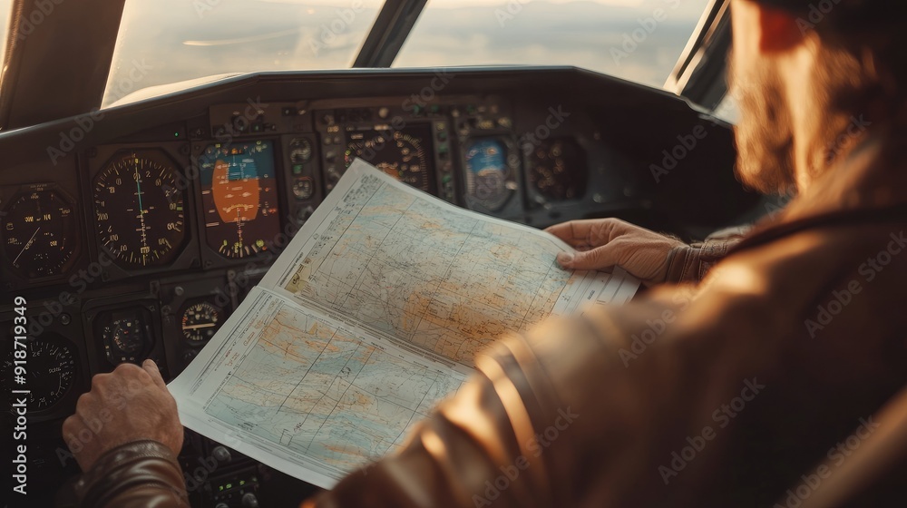 A flight captain and co-pilot reviewing flight plans together in the ...