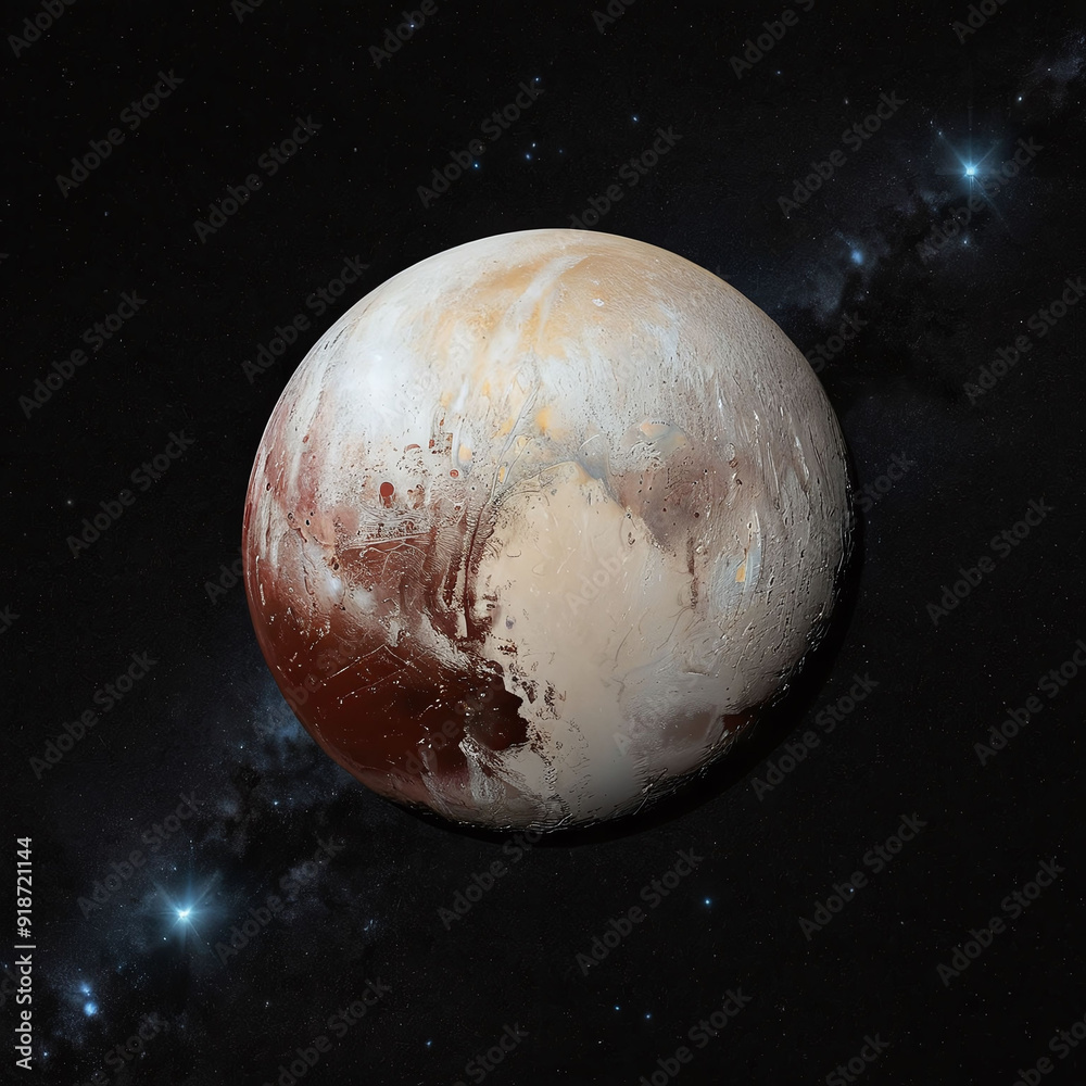 Planet Pluto in the dark Starry Sky of Solar System in Space. 3D render ...