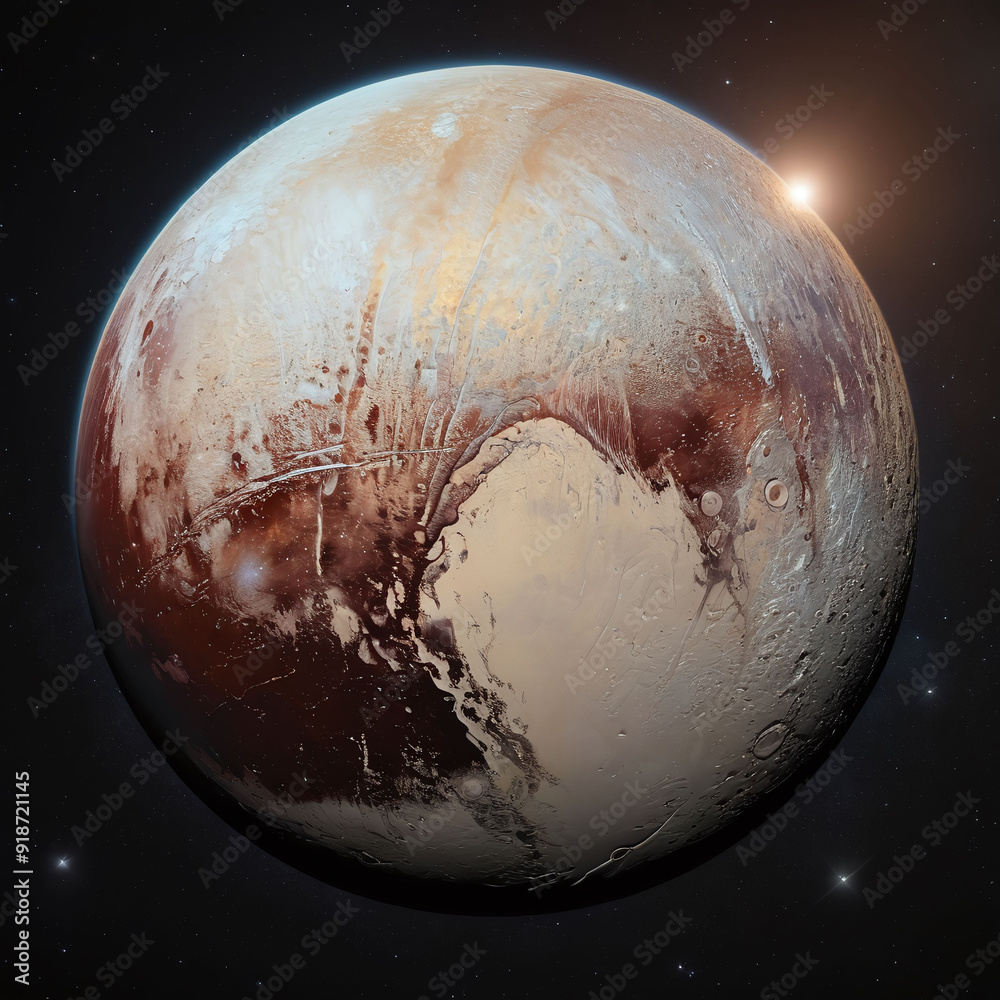 Planet Pluto in the dark Starry Sky of Solar System in Space. 3D render ...