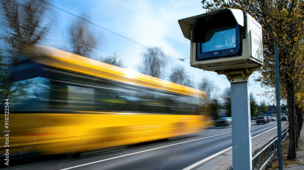 speed camera on the side of the road in the city. Police radar was ...