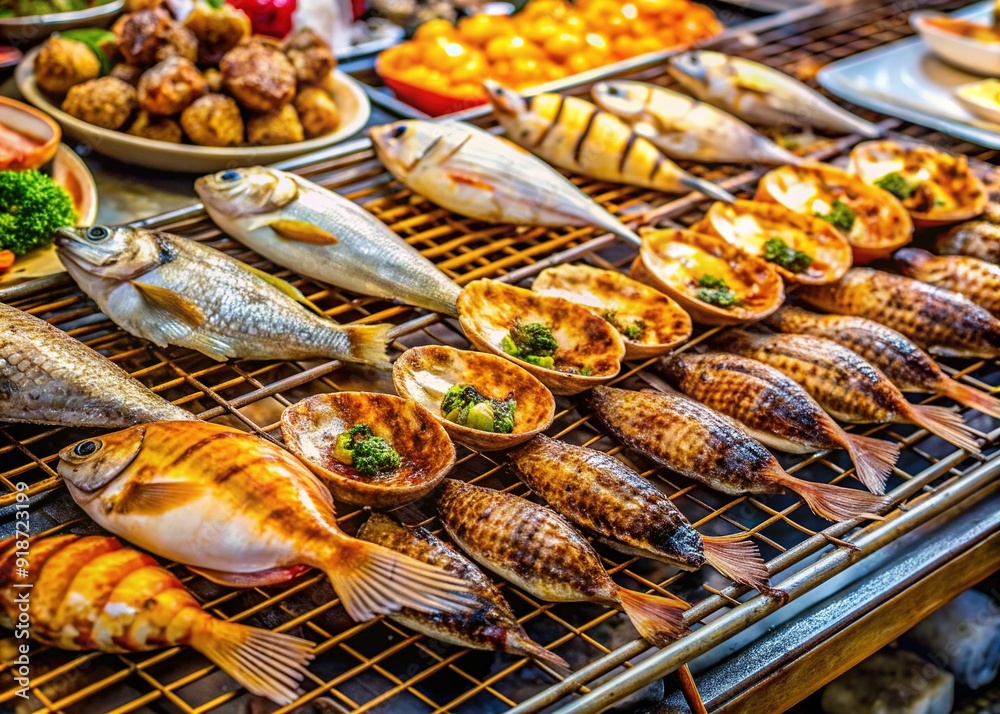 Savory seafood delicacies, including grilled fish and shells, are ...