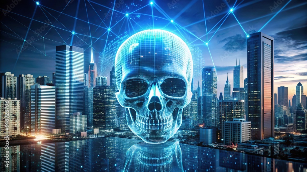 Futuristic cityscape with skyscrapers serving as backdrop for eerie double-exposed image of ...