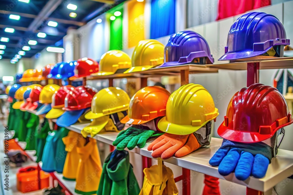 Colorful booths showcasing protective gear, hard hats, and gloves at an ...