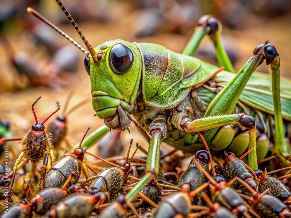 Terrorized grasshopper cowers amidst a ruthless swarm of ants, his fear ...