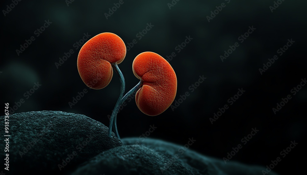 Closeup of the adrenal glands atop the kidneys, with surrounding muscle ...