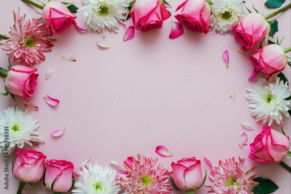 Pink and white flowers frame the edges of a light pink background ...