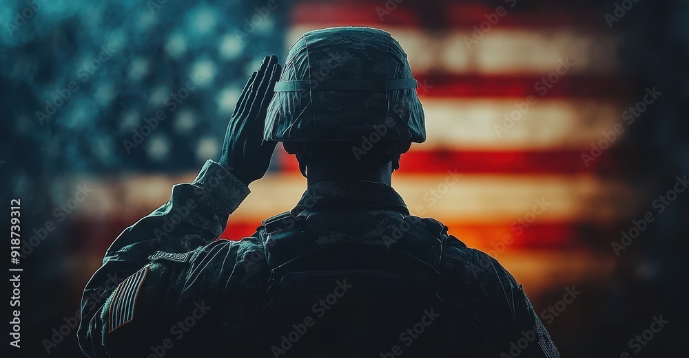 Back View of Soldier Saluting in Front of American Flag, US Military ...