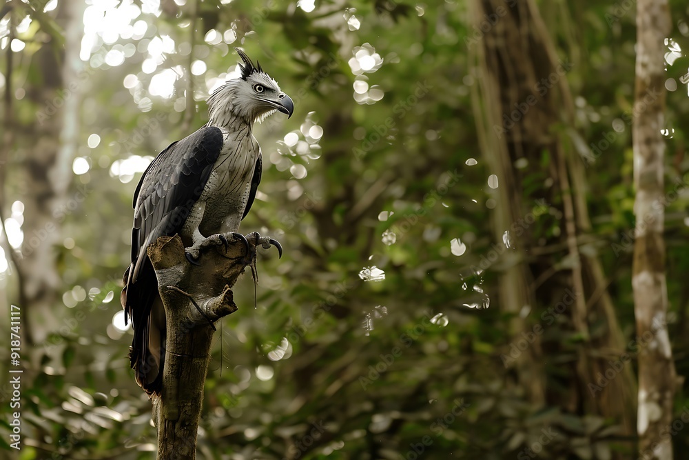 Harpy Eagle Harpia harpyja perched high in the Amazon canopy its sharp ...