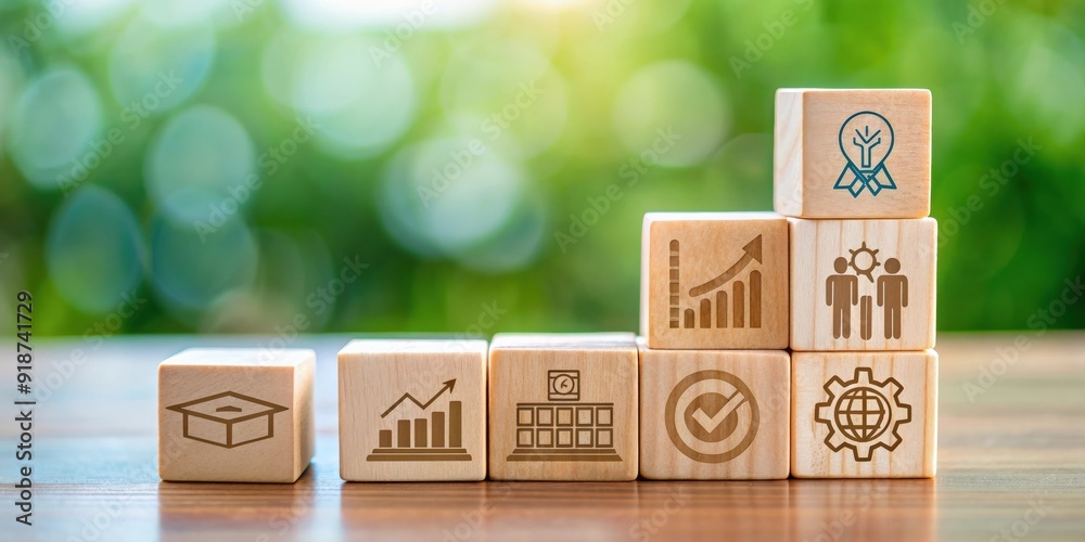 Wooden blocks with icons representing capacity building, education ...