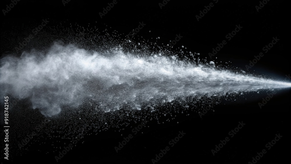 Spray mist of aerosol jet splash on black background, realistic effect ...