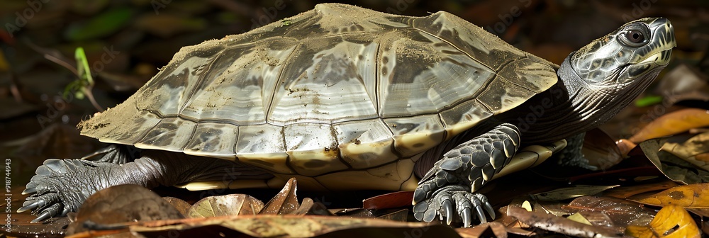 Matamata Turtle camouflaged among the leaf litter in the Amazon River ...