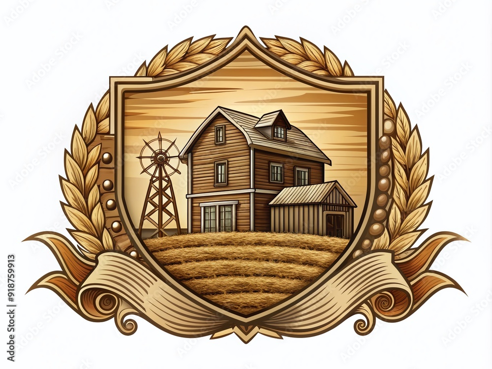 Rustic shield emblem featuring a farmhouse, windmill, and hay bale ...
