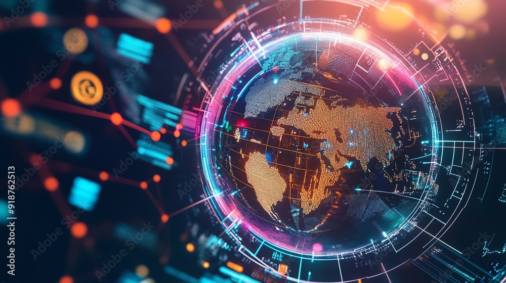 Abstract representation of a digital globe with vibrant colors and data ...