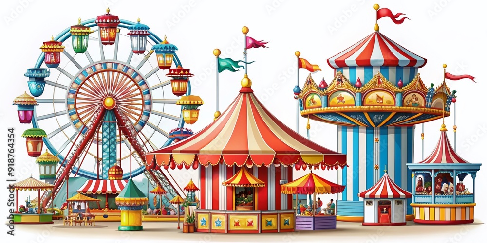 Vibrant collection of isolated funfair elements, featuring a Ferris ...