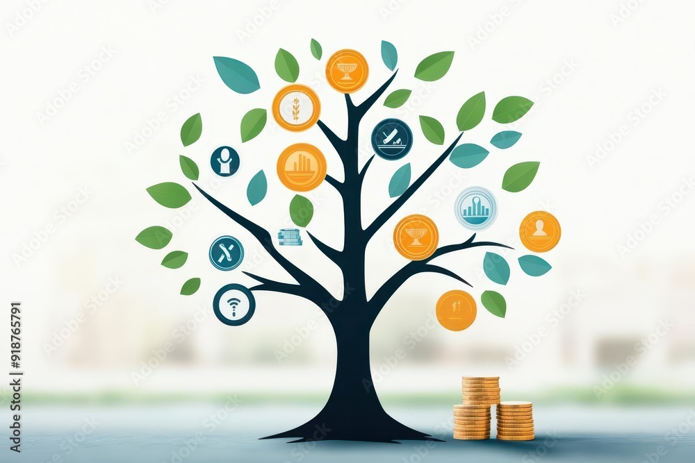 Family tree with wealth icons growing along branches, representing ...