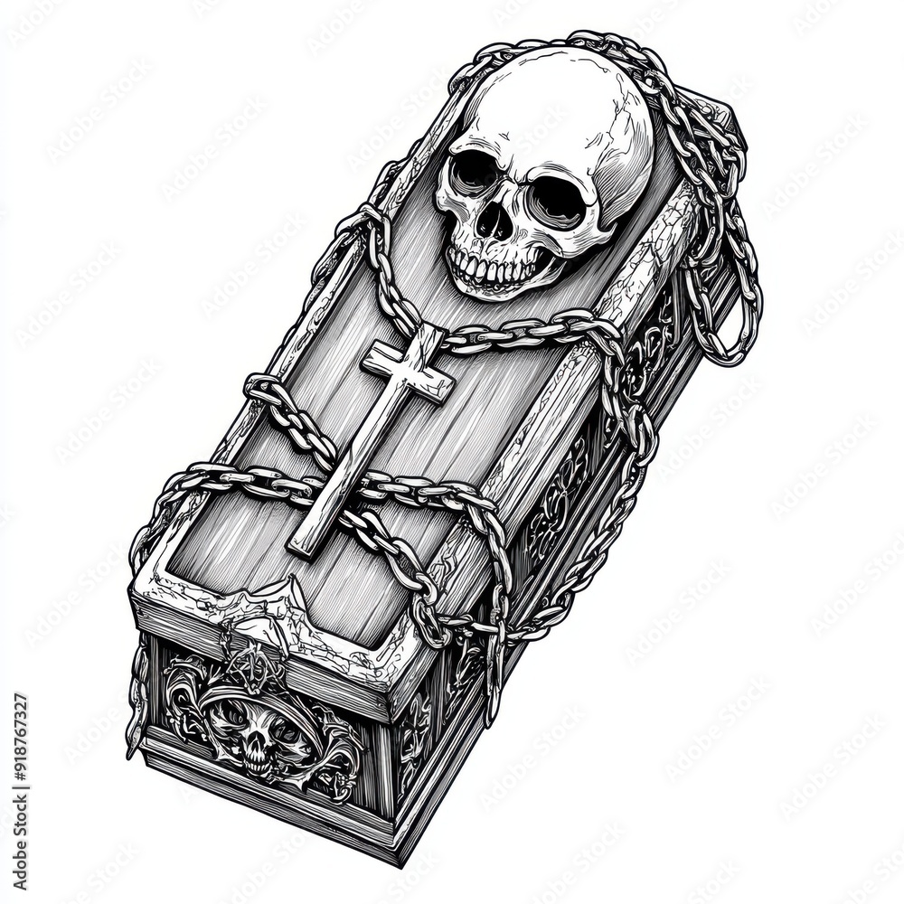 Black and white Vintage engraved art of a coffin with chains wrapped ...
