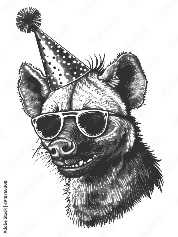 Black and white Vintage engraved art of a hyena wearing a party hat ...