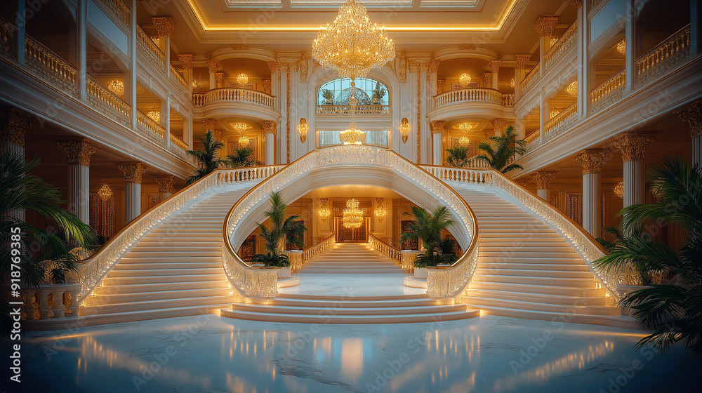 A grand, opulent foyer with a sweeping staircase, illuminated chandeliers, and gold accents ...