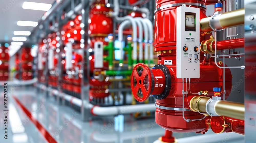 Industrial fire protection system with red pipes and control panels in ...